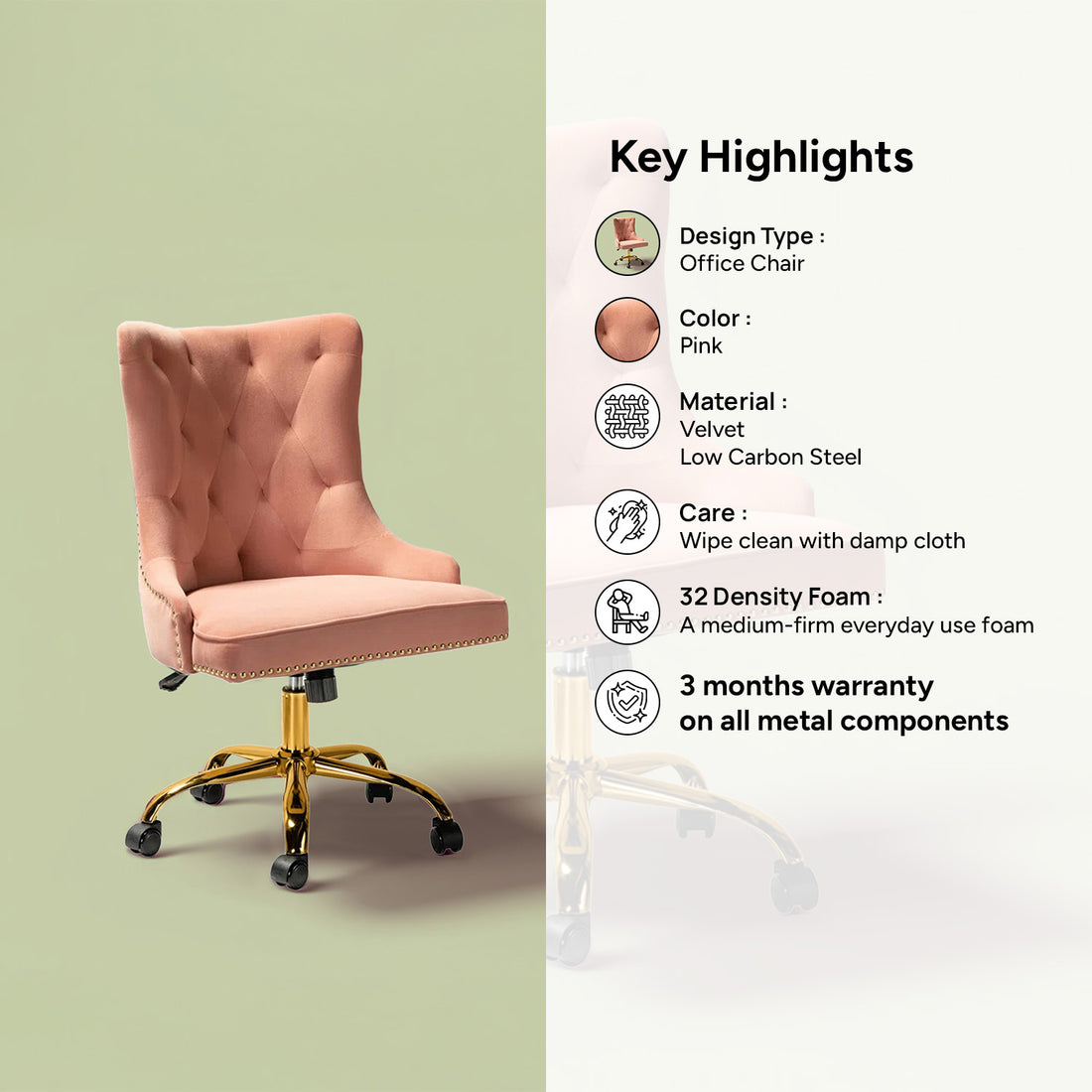 Velvet Tufted Boss Office Chair with Smooth Mobility– Pink|Nestroots