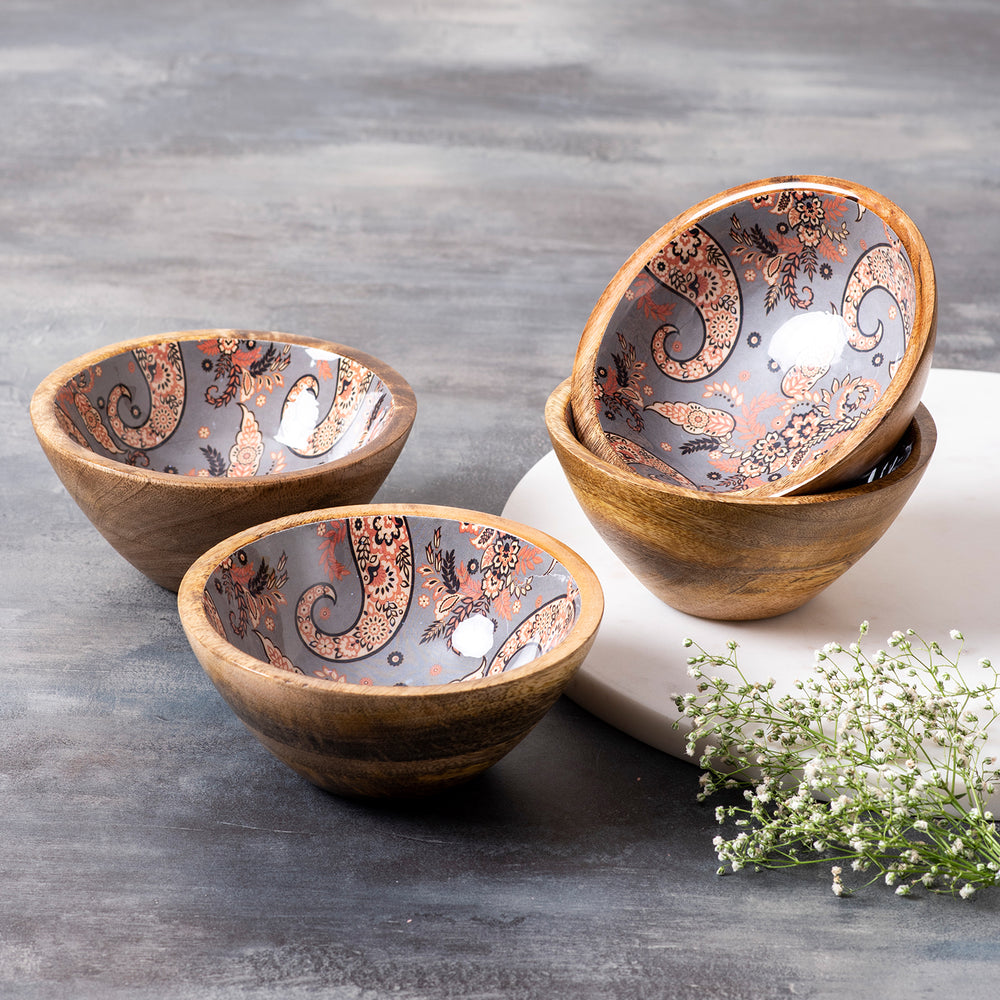 Buy Online Teak Wood Bowl Set | Printed Serving Bowl Set for Dining ...